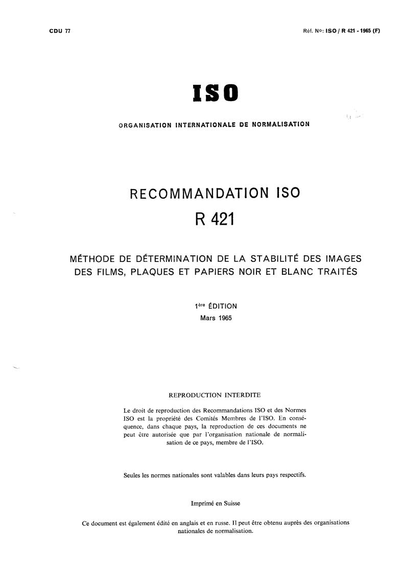 ISO/R 421:1965 - Withdrawal of ISO/R 421-1965
