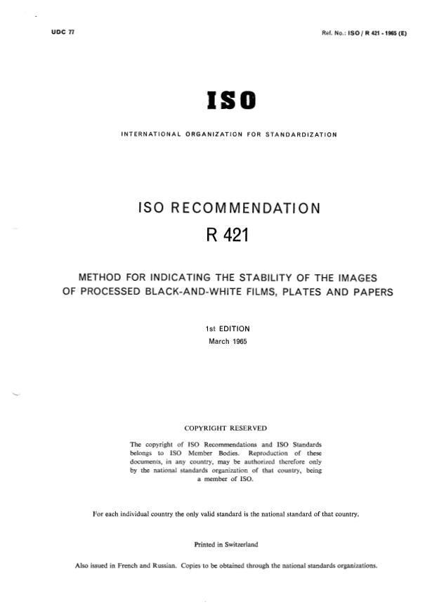 ISO/R 421:1965 - Withdrawal of ISO/R 421-1965