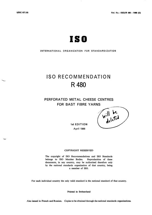 ISO/R 480:1966 - Withdrawal of ISO/R 480-1966