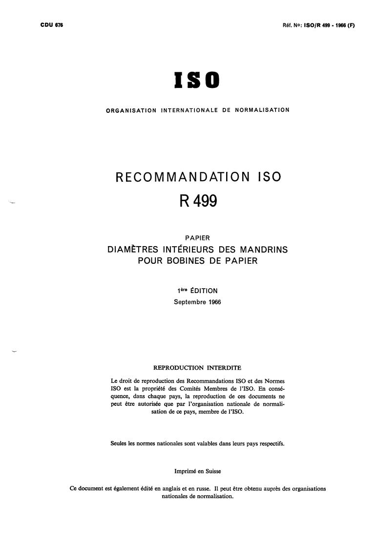 ISO/R 499:1966 - Paper — Internal diameters of cores of reels