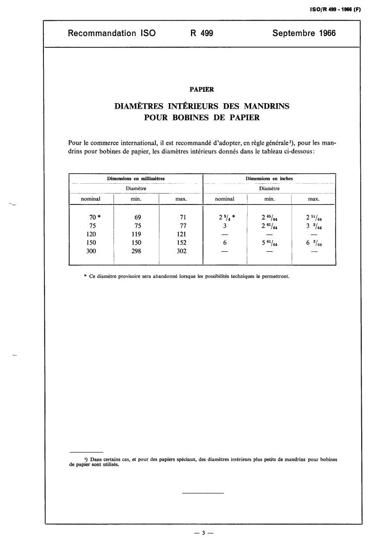 ISO/R 499:1966 - Paper — Internal diameters of cores of reels