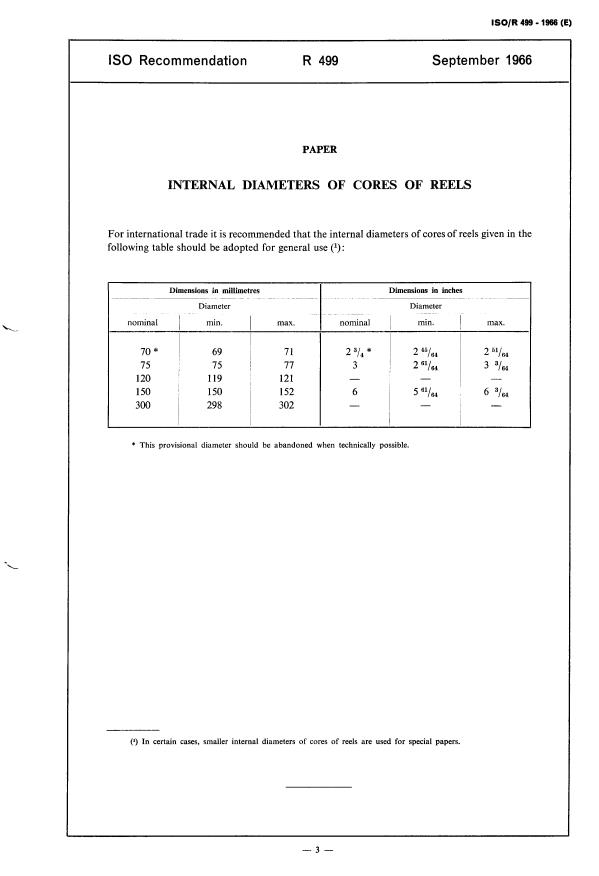 ISO/R 499:1966 - Paper — Internal diameters of cores of reels