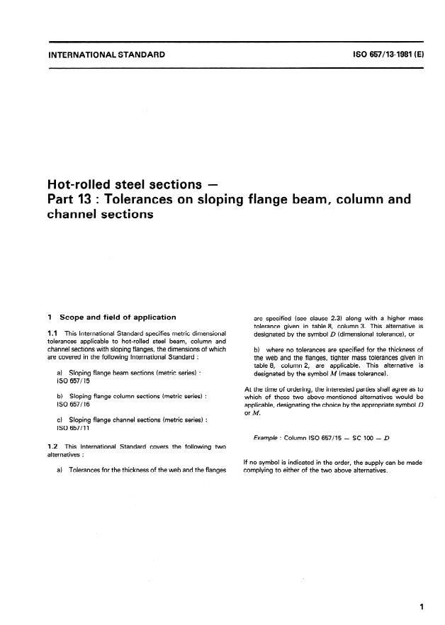 ISO 657-13:1981 - Hot-rolled steel sections — Part 13: Tolerances on sloping flange beam, column and