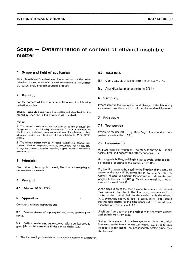 ISO 673:1981 - Soaps — Determination of content of ethanol-insoluble matter