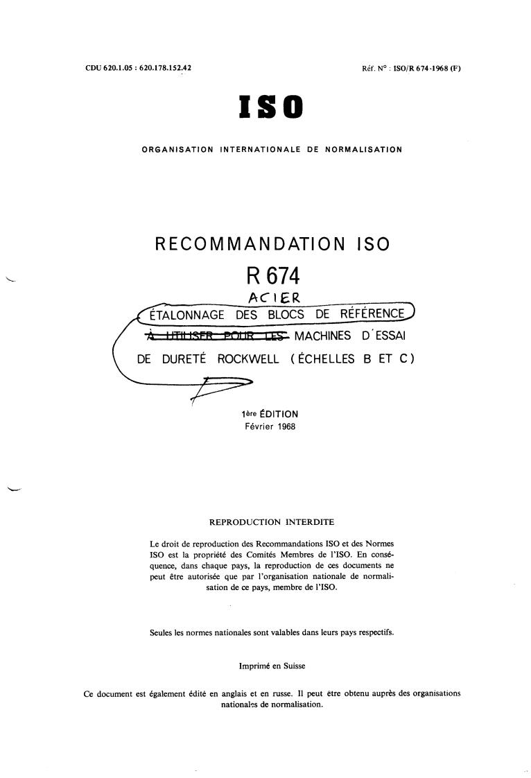 ISO/R 674:1968 - Calibration of standardized blocks to be used for Rockwell B and C scale hardness