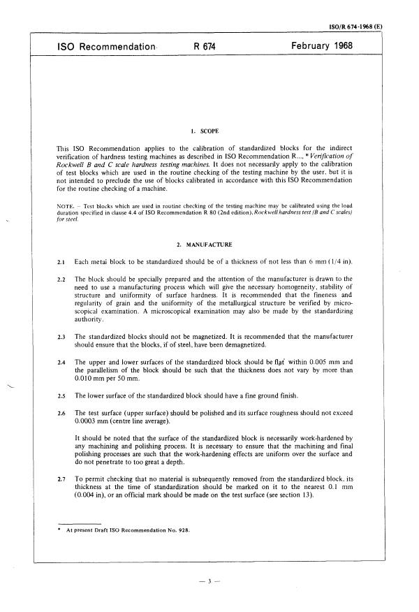 ISO/R 674:1968 - Calibration of standardized blocks to be used for Rockwell B and C scale hardness
