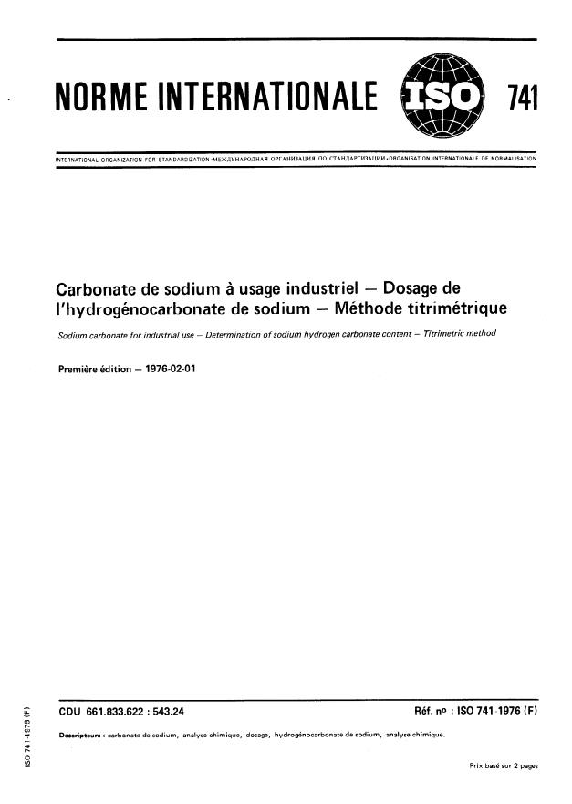 ISO 741:1976 - Sodium carbonate for industrial use — Determination of sodium hydrogen carbonate