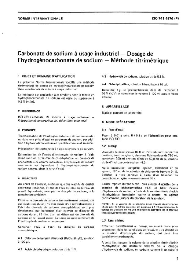 ISO 741:1976 - Sodium carbonate for industrial use — Determination of sodium hydrogen carbonate
