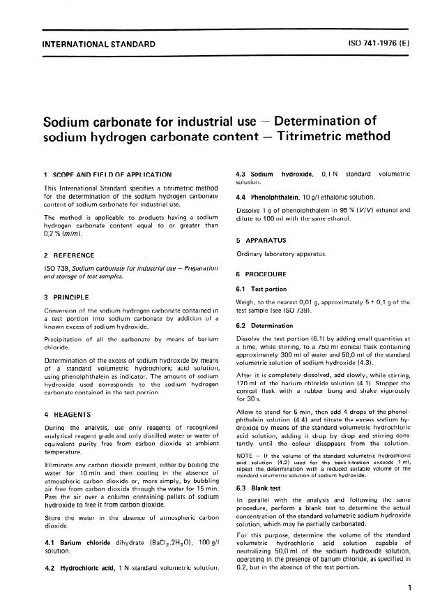 ISO 741:1976 - Sodium carbonate for industrial use — Determination of sodium hydrogen carbonate