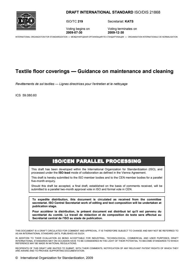 ISO/DIS 21868 - Textile floor coverings -- Guidance on maintenance and cleaning