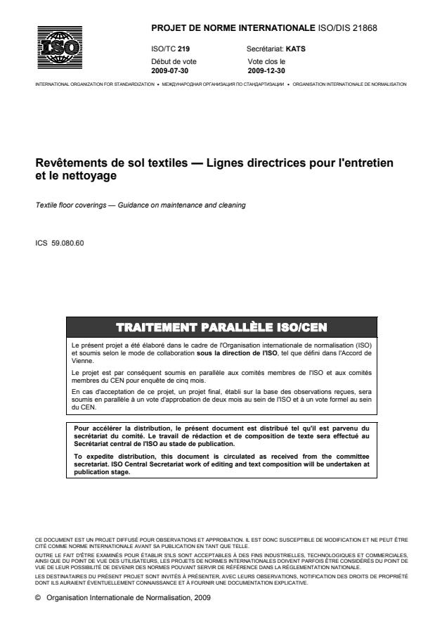 ISO/DIS 21868 - Textile floor coverings -- Guidance on maintenance and cleaning