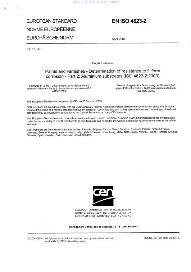 EN ISO 4623-2:2004 - Paints and varnishes - Determination of resistance to filiform corrosion - Part