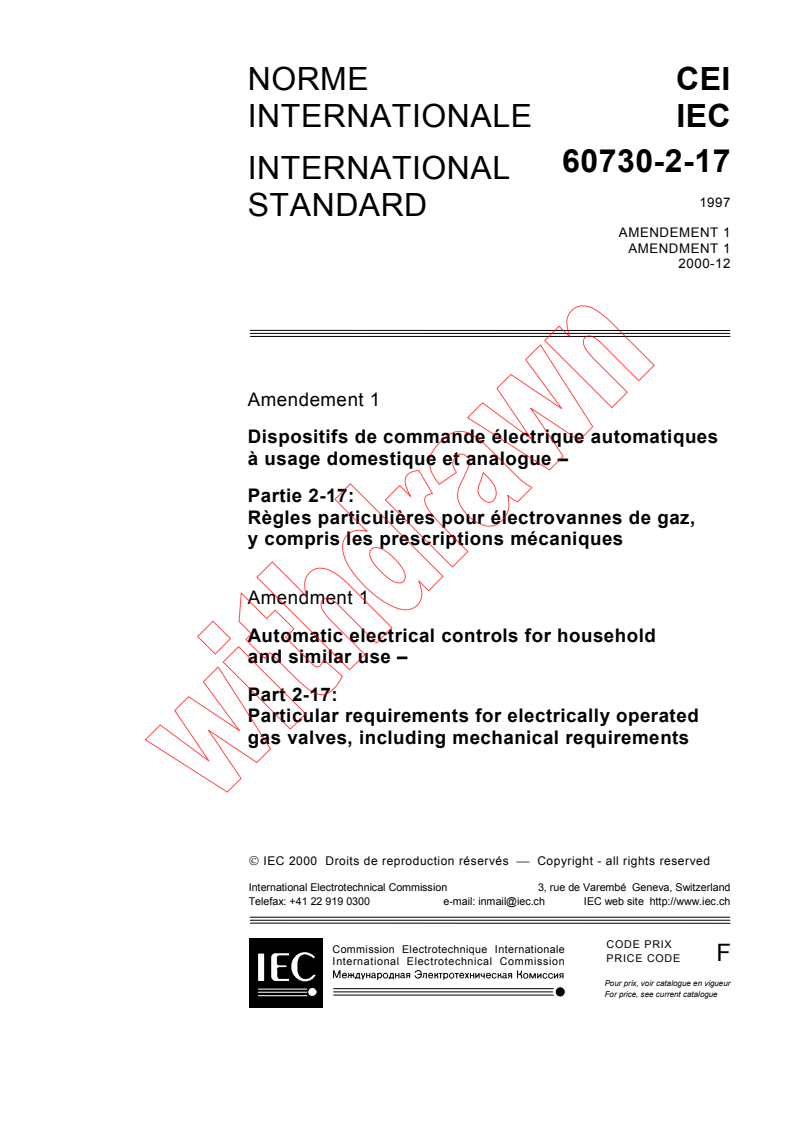 IEC 60730-2-17:1997/AMD1:2000 - Amendment 1 - Automatic electrical controls for household and