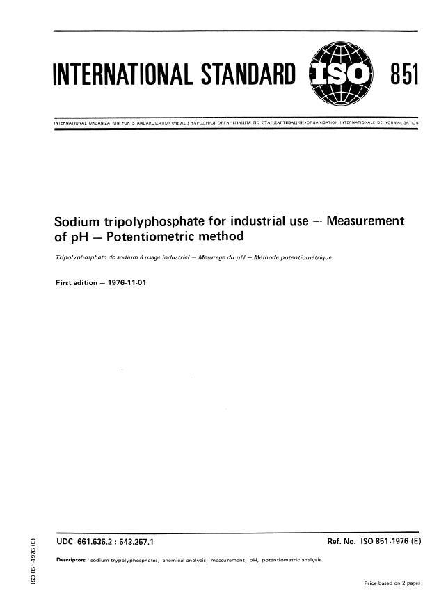 ISO 851:1976 - Sodium tripolyphosphate for industrial use — Measurement of pH — Potentiometric