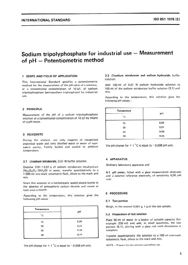 ISO 851:1976 - Sodium tripolyphosphate for industrial use — Measurement of pH — Potentiometric