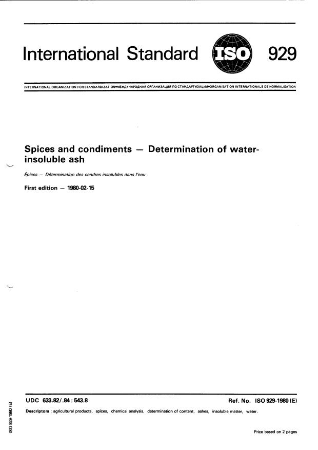 ISO 929:1980 - Spices and condiments — Determination of water-insoluble ash
