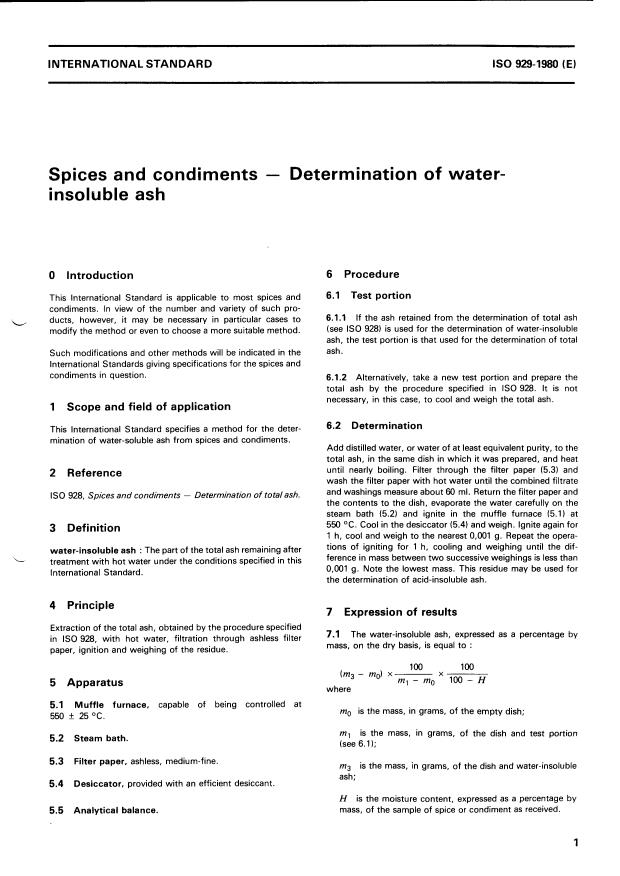 ISO 929:1980 - Spices and condiments — Determination of water-insoluble ash
