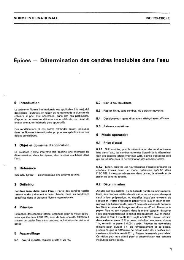 ISO 929:1980 - Spices and condiments — Determination of water-insoluble ash