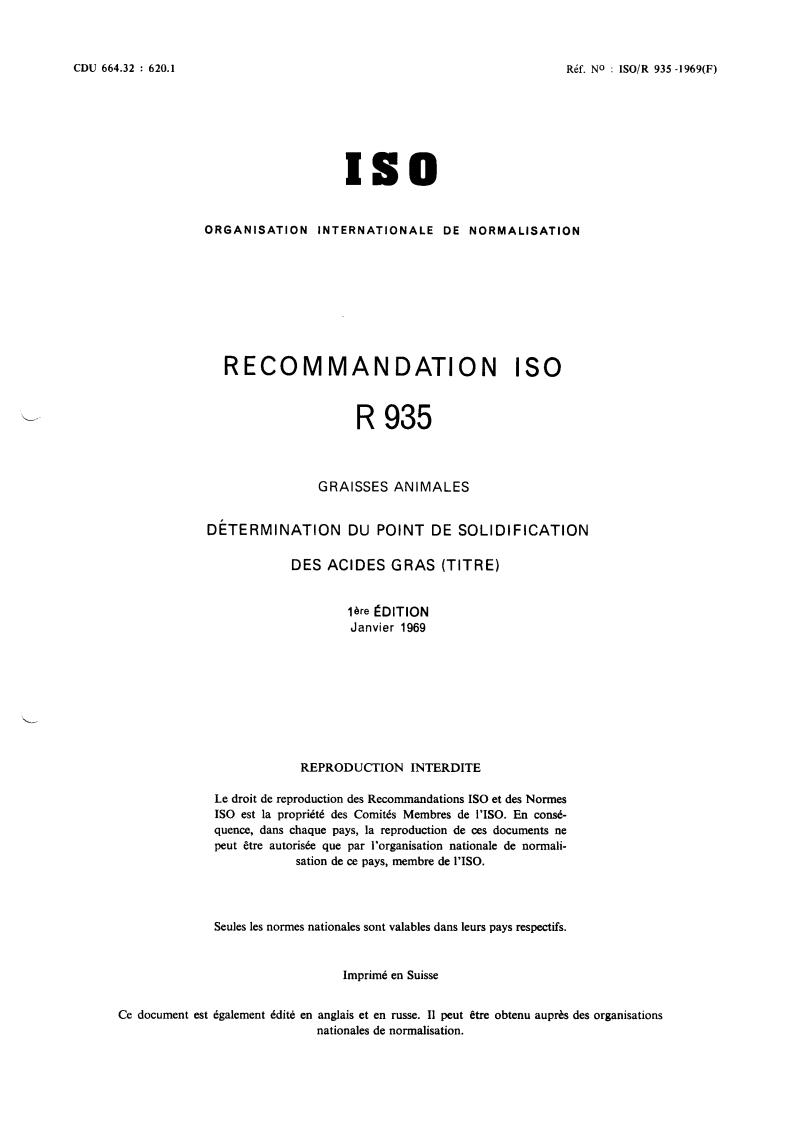 ISO/R 935:1969 - Animal fats — Determination of solidification point of ...