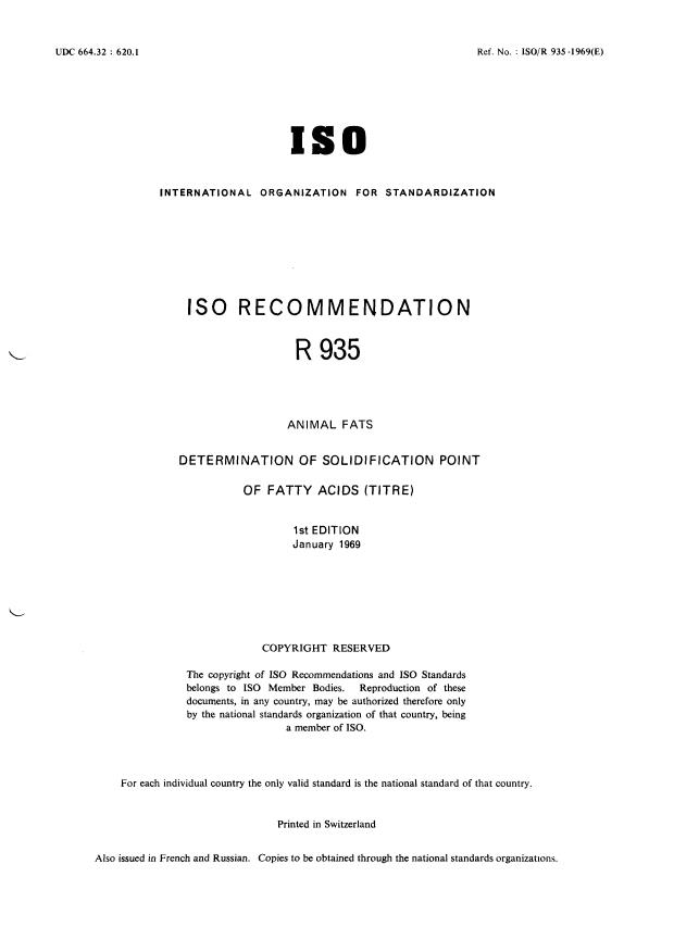 ISO/R 935:1969 - Animal fats — Determination of solidification point of ...