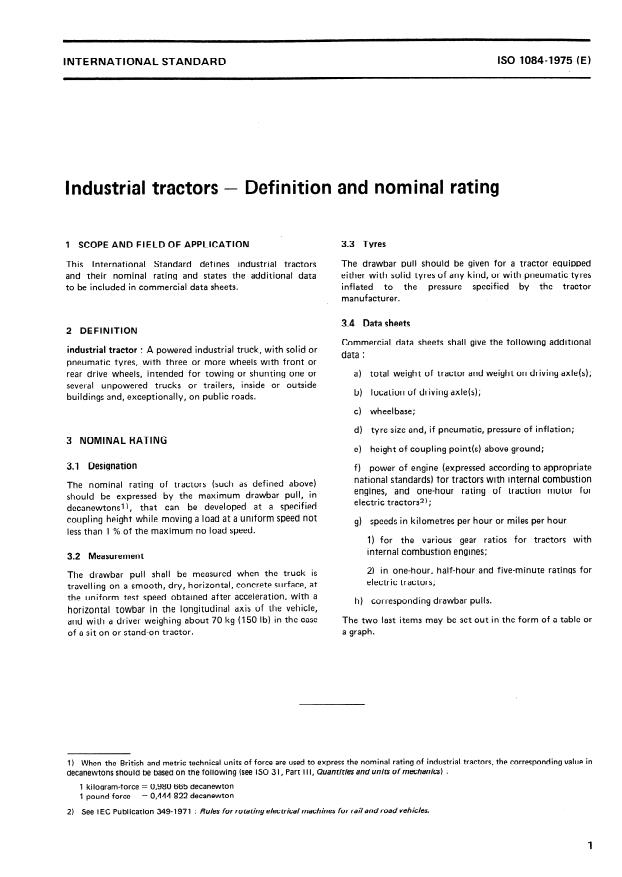 ISO 1084:1975 - Industrial tractors — Definition and nominal rating
