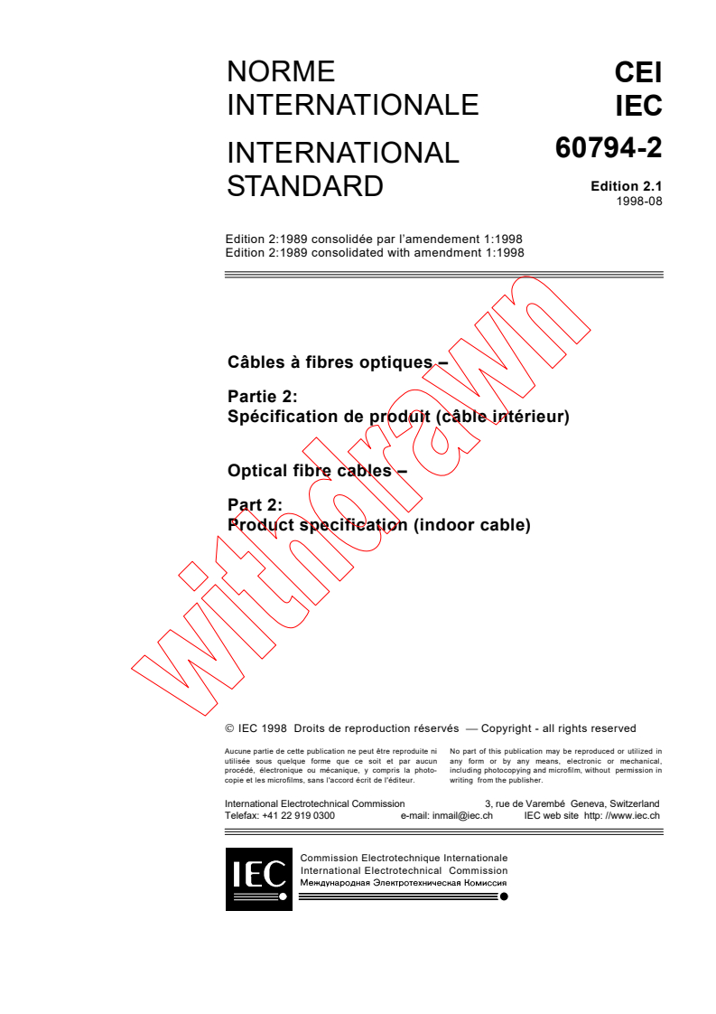 IEC 60794-2:1989 - Optical fibre cables. Part 2: Product specifications