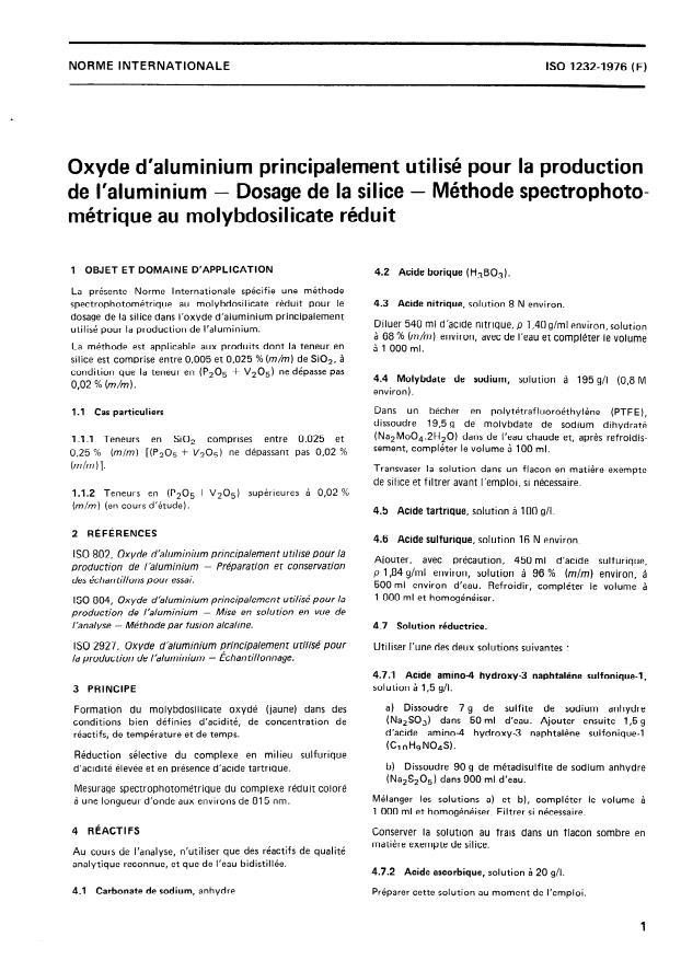 ISO 1232:1976 - Aluminium oxide primarily used for the production of aluminium — Determination of