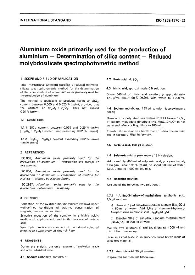 ISO 1232:1976 - Aluminium oxide primarily used for the production of aluminium — Determination of
