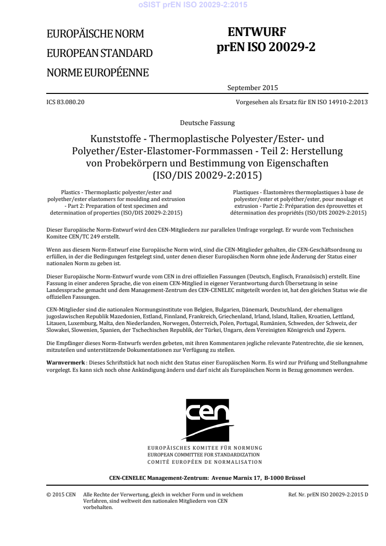 EN ISO 20029-2:2018 - Plastics - Thermoplastic polyester/ester and polyether/ester elastomers for