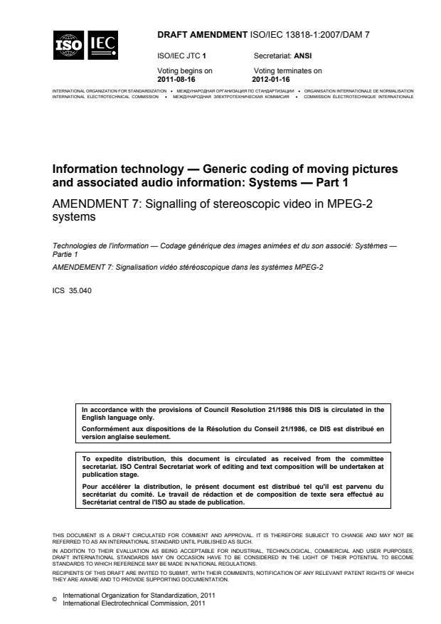 ISO/IEC 13818-1:2007/DAmd 7 - Signalling of stereoscopic video in MPEG-2 systems