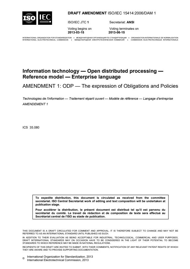 ISO/IEC 15414:2006/DAmd 1 - ODP -- The expression of Obligations and Policies