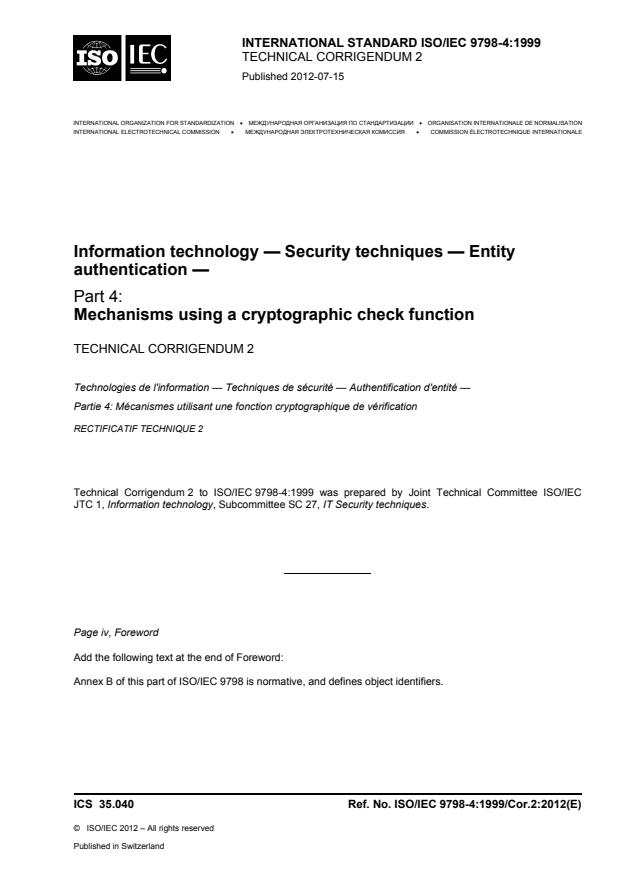 ISO/IEC 9798-4:1999/Cor 2:2012 - Information technology — Security techniques — Entity