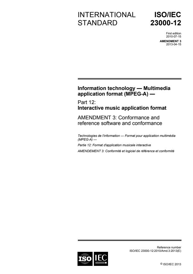 ISO/IEC 23000-12:2010/Amd 3:2013 - Information technology — Multimedia application format (MPEG-A)