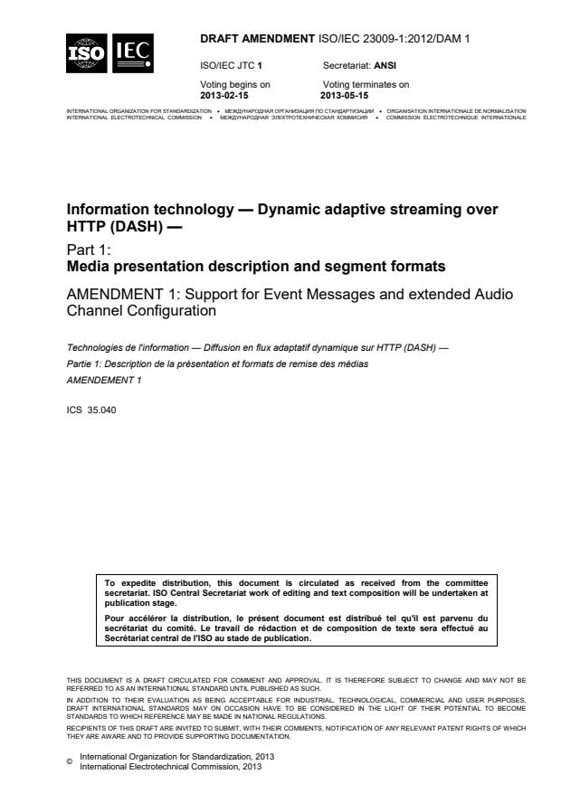 ISO/IEC 23009-1:2012/DAmd 1 - Support for Event Messages and extended Audio Channel Configuration