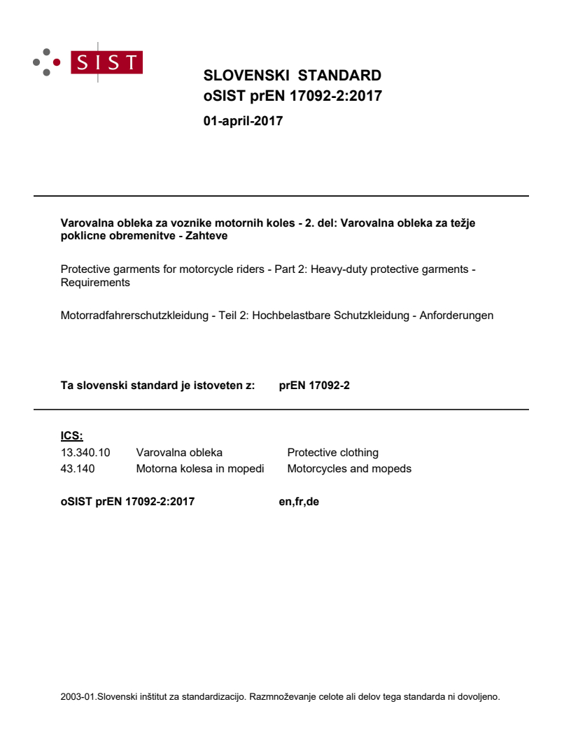 EN 17092-2:2020 - Protective garments for motorcycle riders - Part 2: Class AAA garments