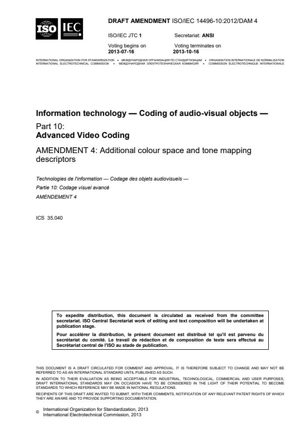 ISO/IEC 14496-10:2012/DAmd 4 - Additional colour space and tone mapping descriptors