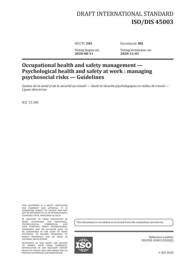 ISO/DIS 45003 - Occupational health and safety management -- Psychological health and safety at work