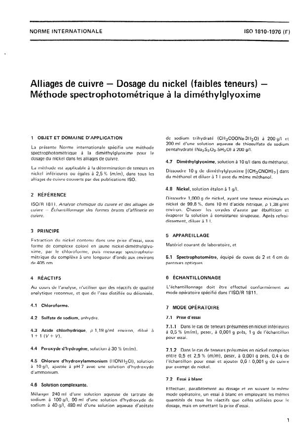 ISO 1810:1976 - Copper alloys — Determination of nickel (low contents) — Dimethylglyoxime