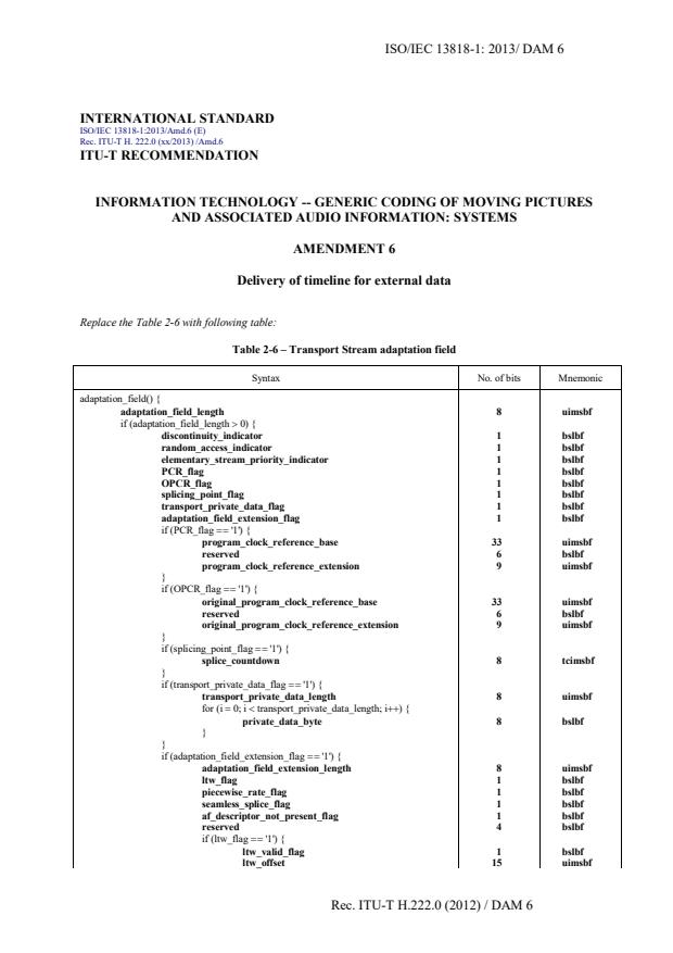 ISO/IEC 13818-1:2013/DAmd 6 - ISO/IEC 13818-1:2013/DAmd 6