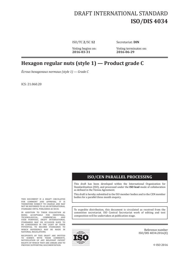 ISO DIS 4034 Hexagon Regular Nuts style 1 Product Grade C