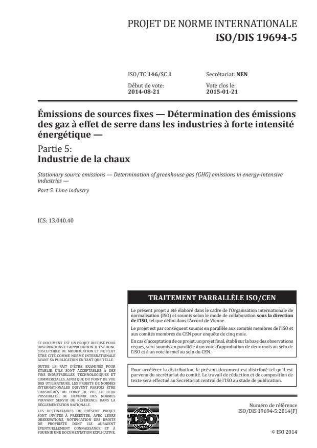 ISO/DIS 19694-5 - Stationary source emissions -- Determination of greenhouse gas (GHG) emissions in