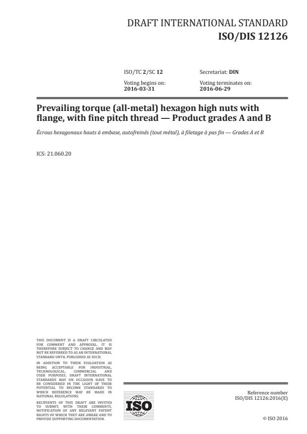 ISO/DIS 12126 - Prevailing torque (all-metal) hexagon high nuts with ...