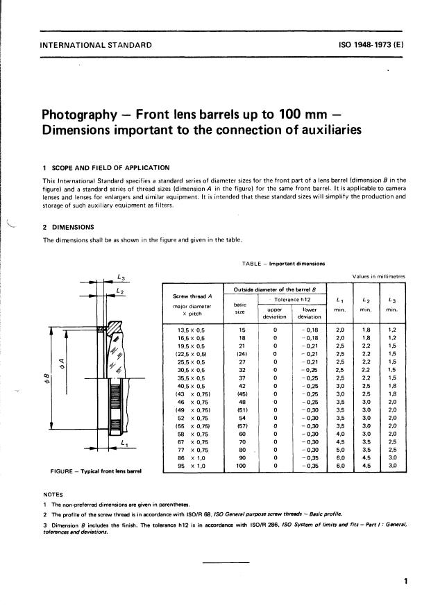 ISO 1948:1973 - Photography — Front lens barrels up to 100 mm — Dimensions important to the