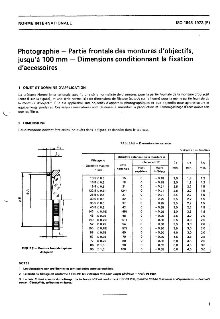 ISO 1948:1973 - Photography — Front lens barrels up to 100 mm — Dimensions important to the