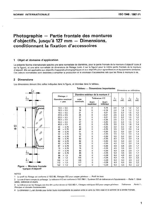 ISO 1948:1987 - Photography — Front lens barrels up to 127 mm — Dimensions important to the