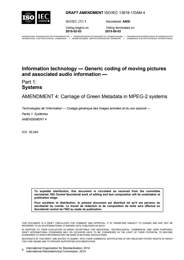 ISO/IEC 13818-1:2015/DAmd 4 - Carriage of Green Metadata in MPEG-2 systems