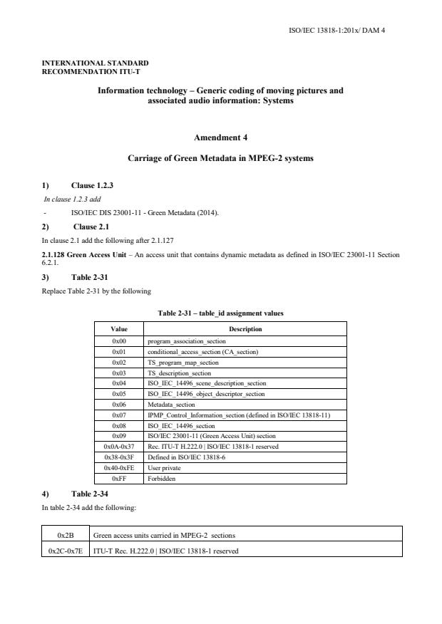 ISO/IEC 13818-1:2015/DAmd 4 - Carriage of Green Metadata in MPEG-2 systems