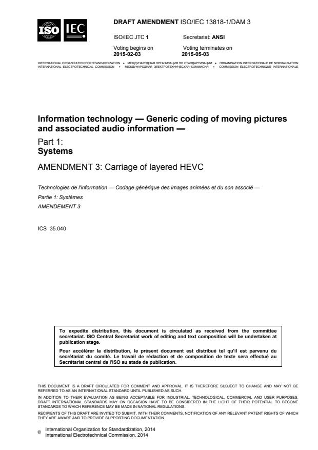 ISO/IEC 13818-1:2015/DAmd 3 - Carriage of layered HEVC