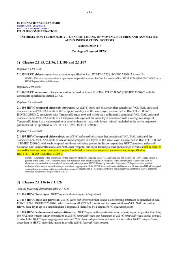 ISO/IEC 13818-1:2015/DAmd 3 - Carriage of layered HEVC