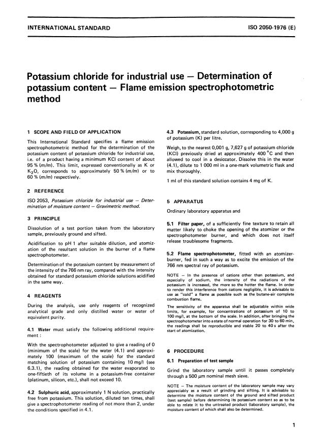 ISO 2050:1976 - Potassium chloride for industrial use — Determination of potassium content — Flame
